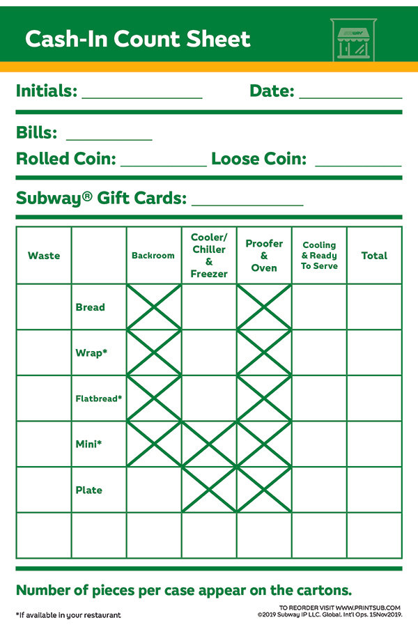 Subway Cash-In Count Sheet - PRINTSUB