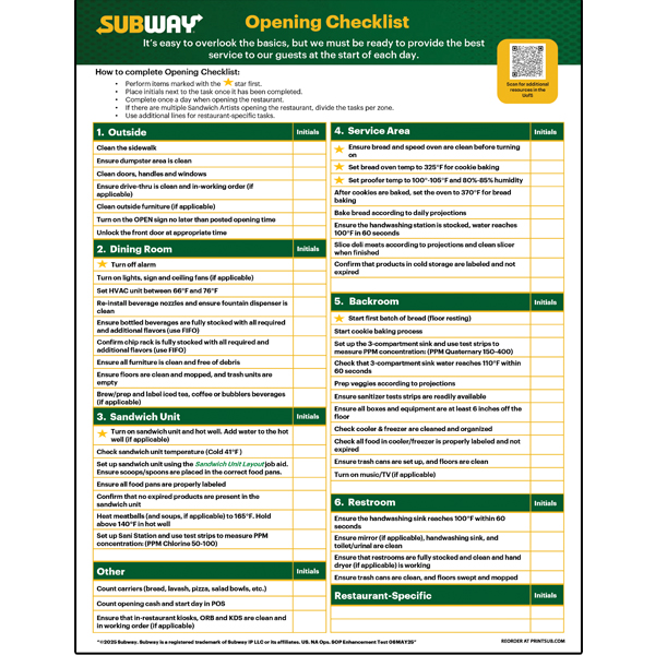 Subway Opening/Closing Checklist - PRINTSUB